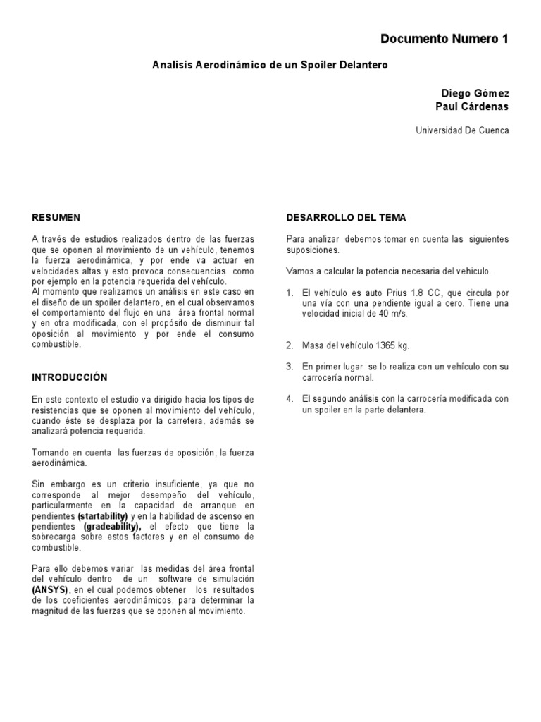 PAPER-ANALISIS-SPOILER DELANTERO Cuenca | PDF | Aerodinámica