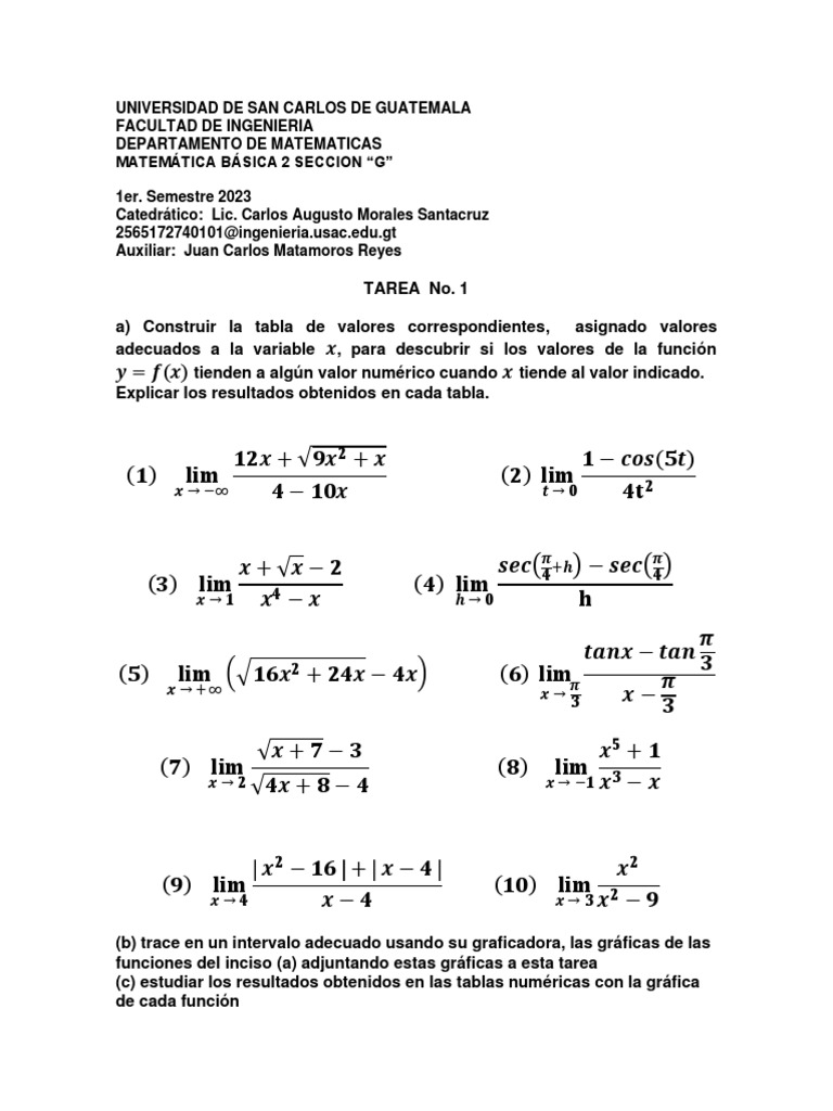 A) Tarea No. 1 (Estudio Numérico y Gráfico de Límites) | PDF