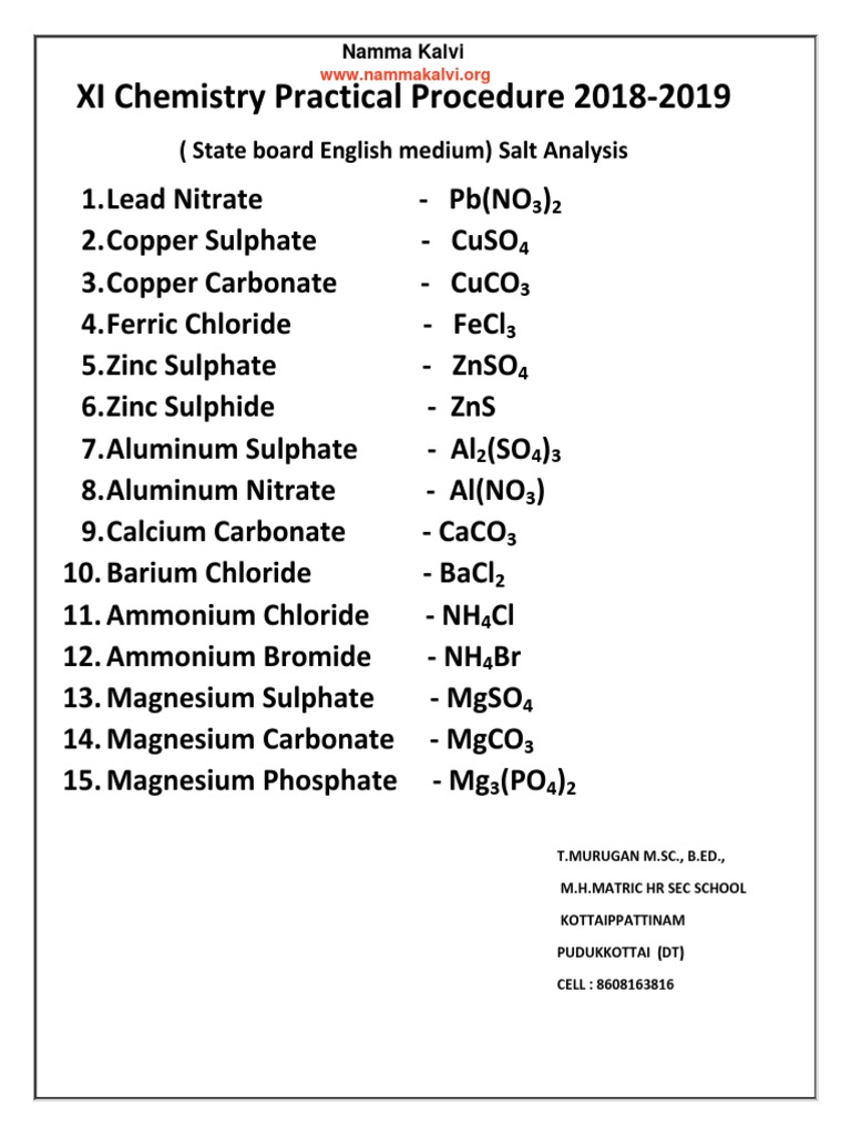Namma Kalvi Xi Chemistry Practical Procedure 2018 Salt Analysis Key ...