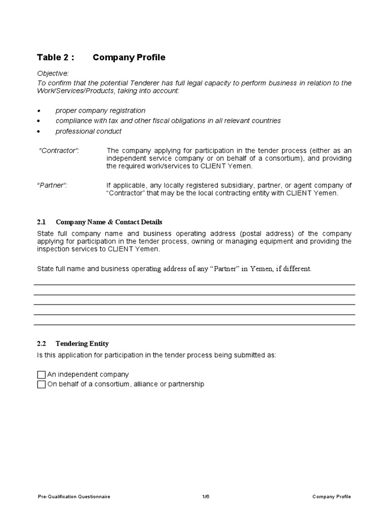 PQQ Table 2 Company Profile | PDF | Consortium | Email Address