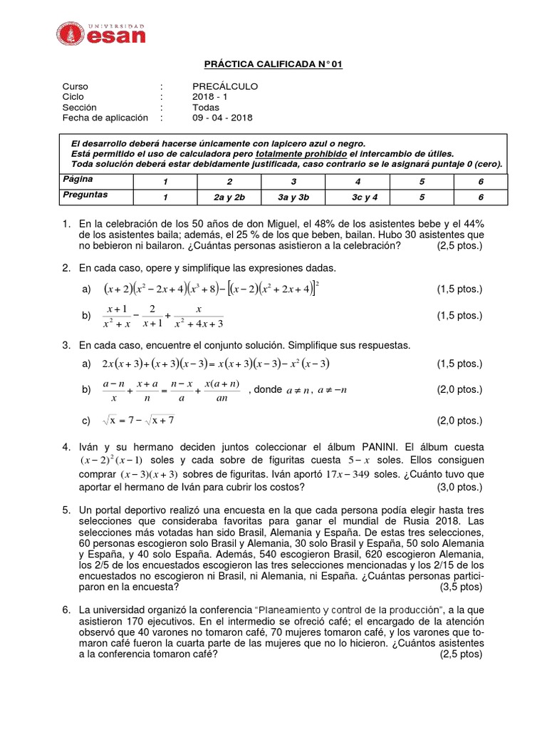 Práctica de Precálculo 2018: Ejercicios y Problemas | PDF