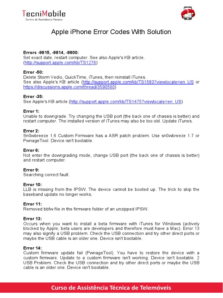 iPhone Error Codes and Solutions Guide | PDF | Booting | I Tunes
