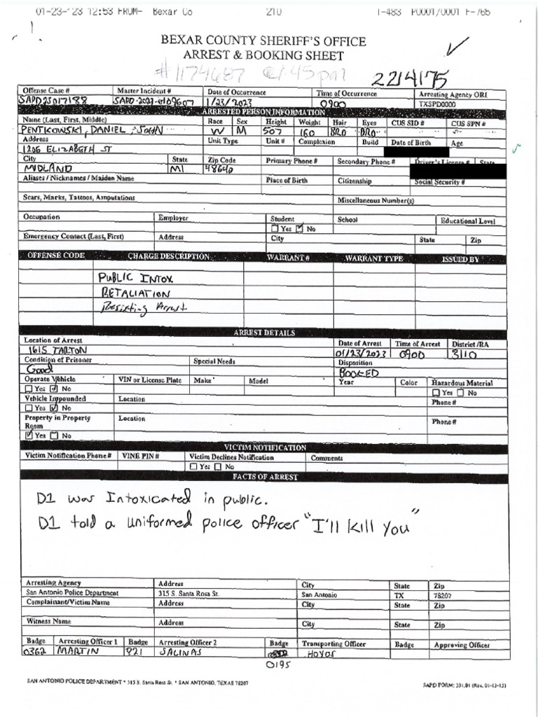 Bexar County Jail Booking & Arrest Sheets | PDF