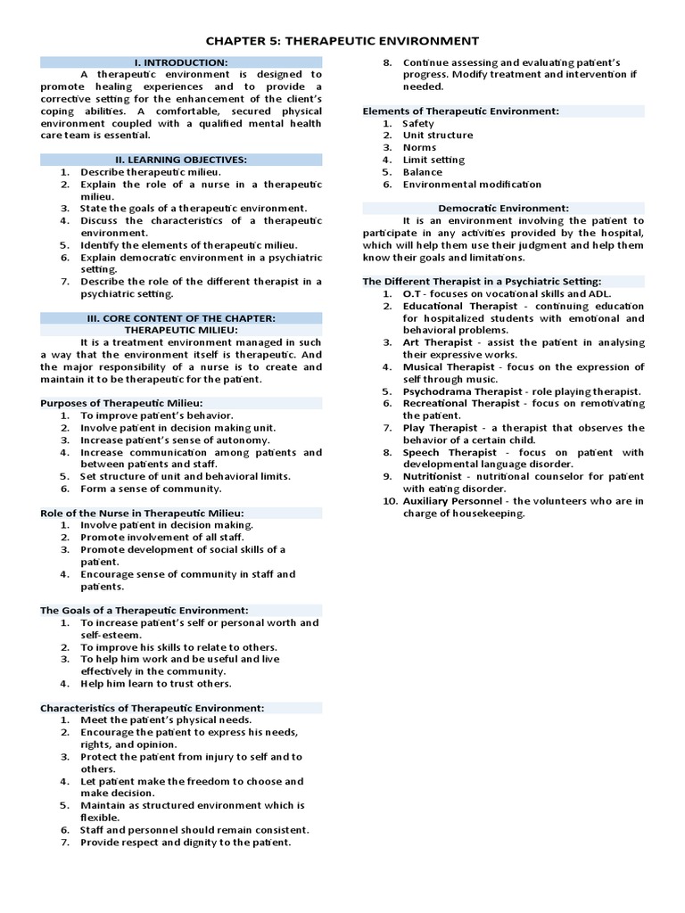 Chapter 5 Therapeutic Environment | PDF | Psychotherapy | Therapy