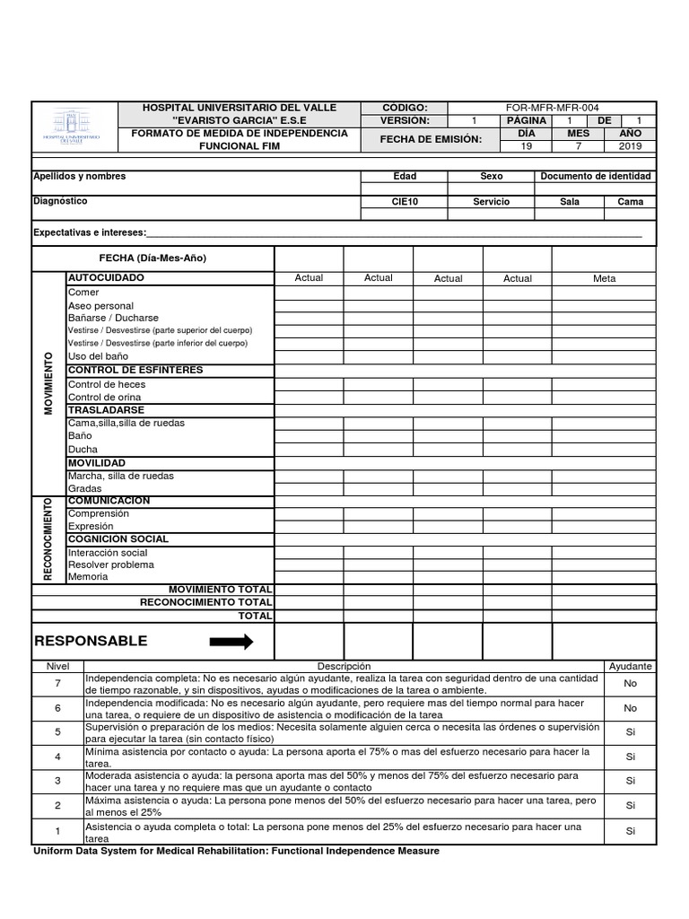 Formato de Medida de Independencia Funcional Fim | PDF