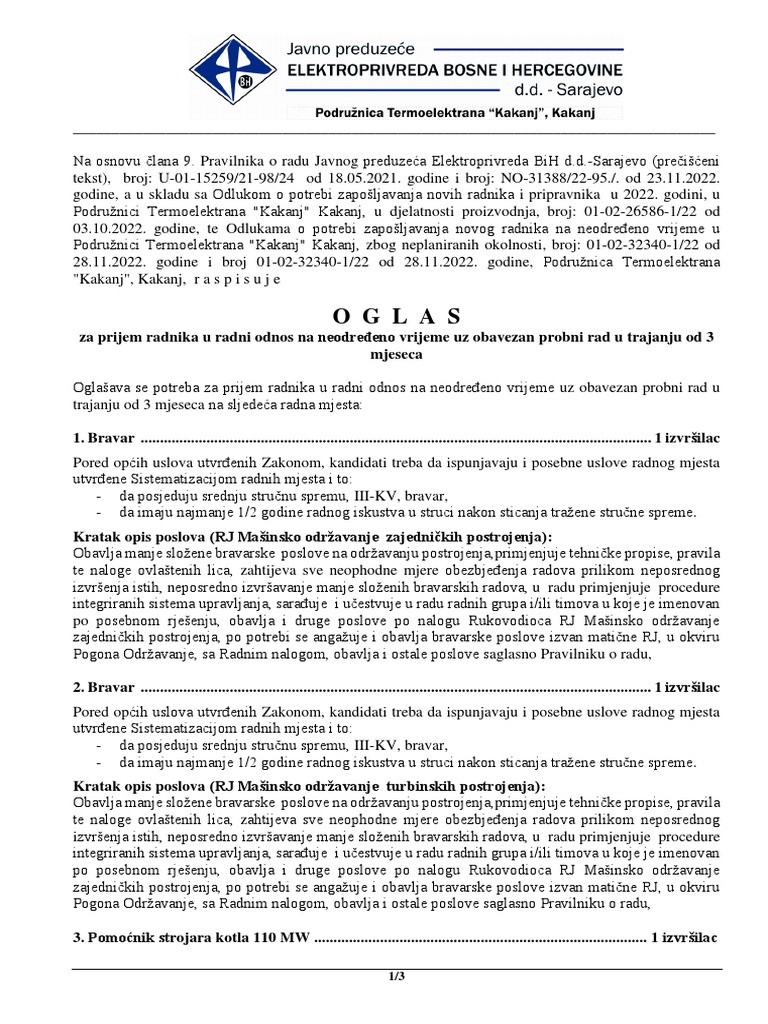Oglas TE Kakanj 04-01-2023 | PDF