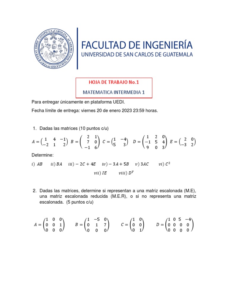 HT1 Operaciones Con Matrices | PDF