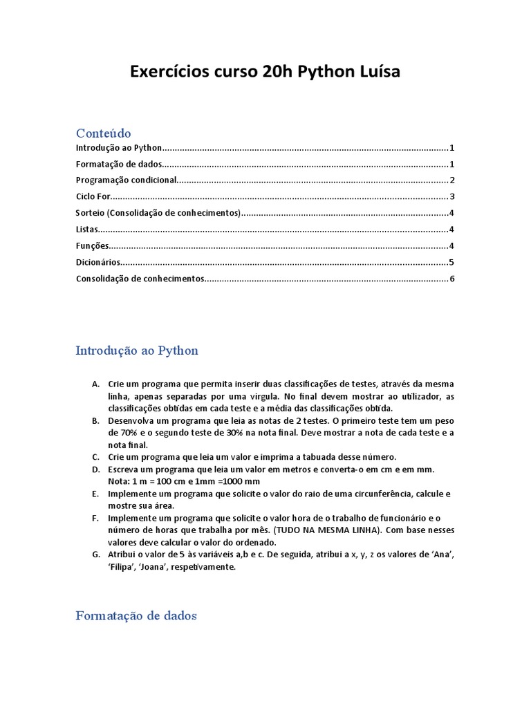 Exercícios Curso 20h Python | PDF | Algoritmos | Python (linguagem de ...