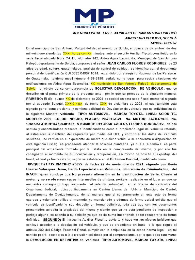 Acta Devolucion de Vehiculo | PDF | Experto | Fiscal Acta Devolucion de Vehiculo | PDF | Experto | Fiscal