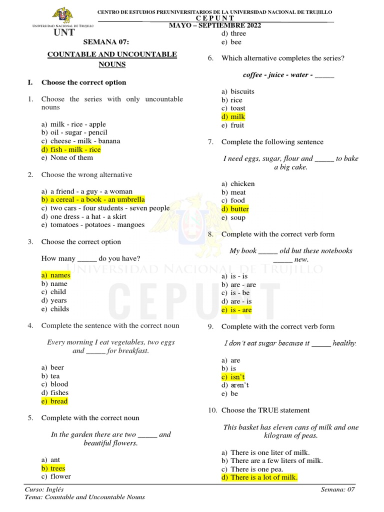 Countable vs Uncountable Nouns Quiz | PDF | Eating Behaviors Of Humans ...