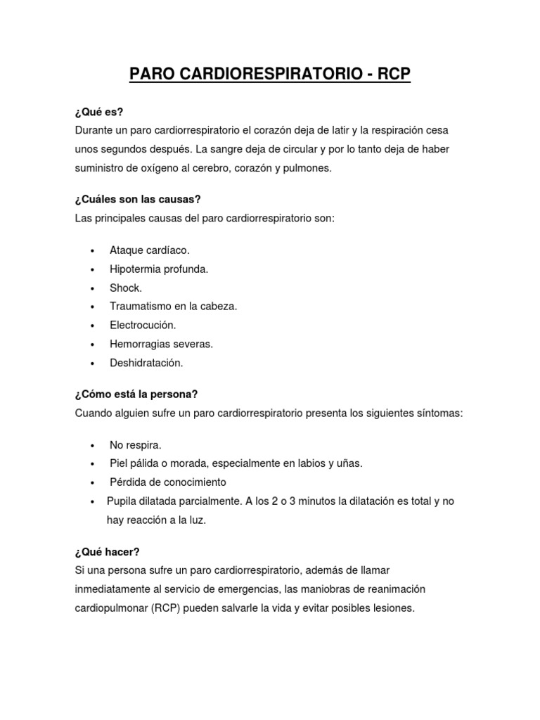 Paro Cardiorespiratorio | PDF | Paro cardíaco | Reanimación cardiopulmonar