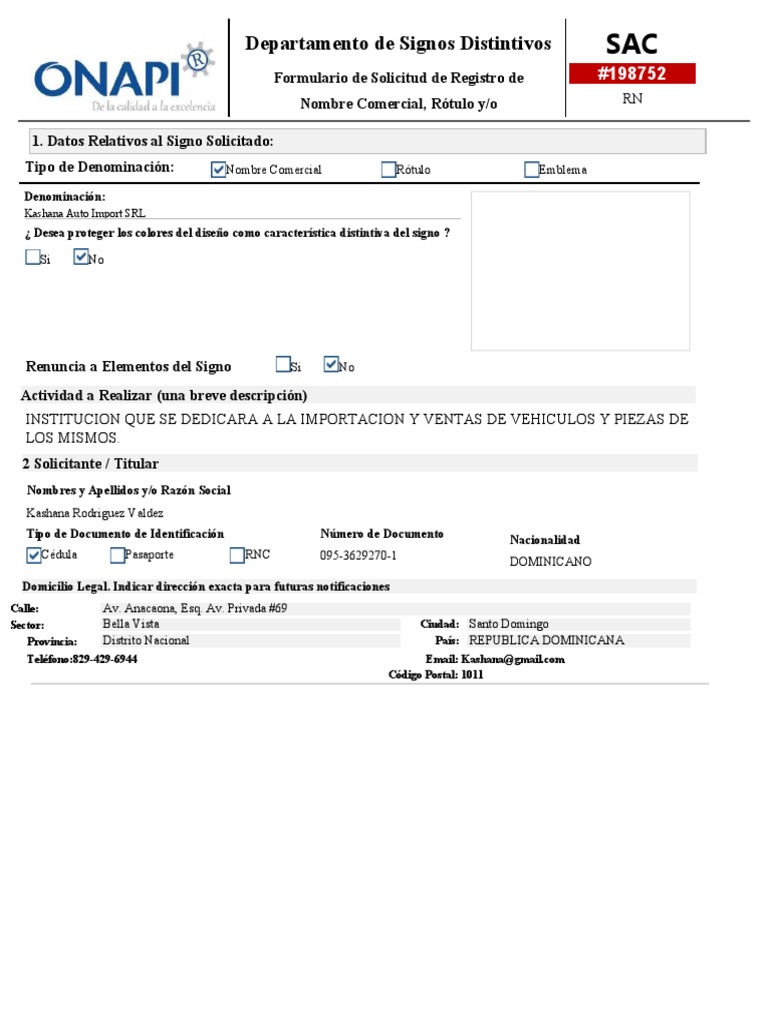 Formulario Nombre Comercial - ONAPI | PDF