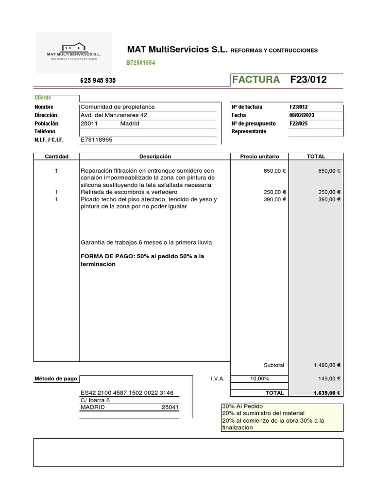 Mat Multiservicios S.L.: Factura | PDF