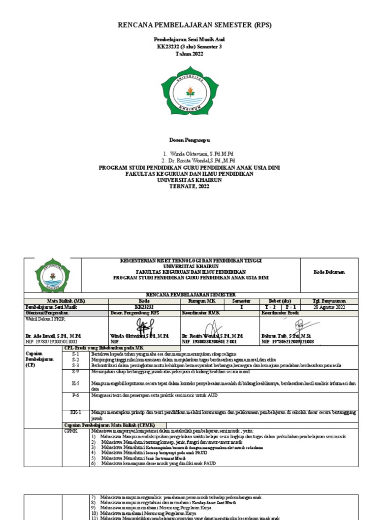 RPS Seni Musik untuk PG-PAUD | PDF | Kajian Bahasa Asing | Sains & Matematika