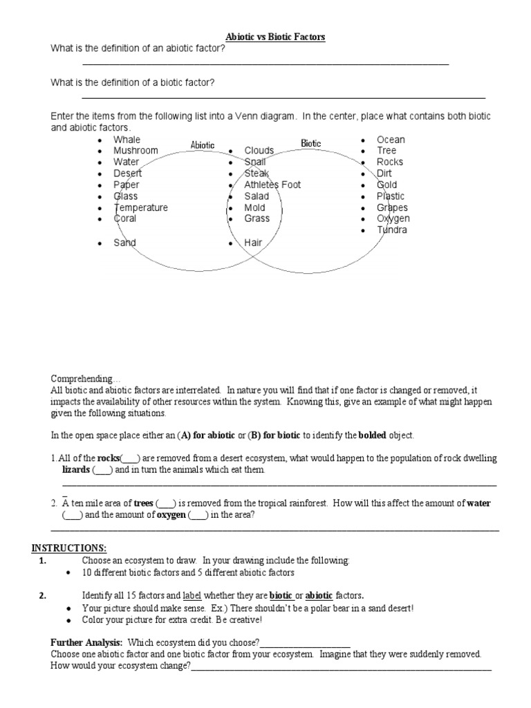 Abiotic Vs Biotic Factors Worksheet-1 | PDF | Ecosystem | Desert