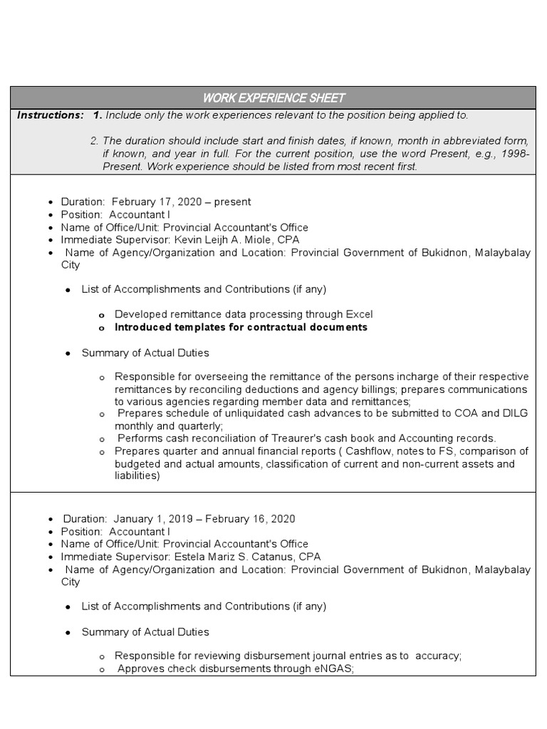 Cs Form No. 212 Attachment - Work Experience Sheet | PDF | Financial ...