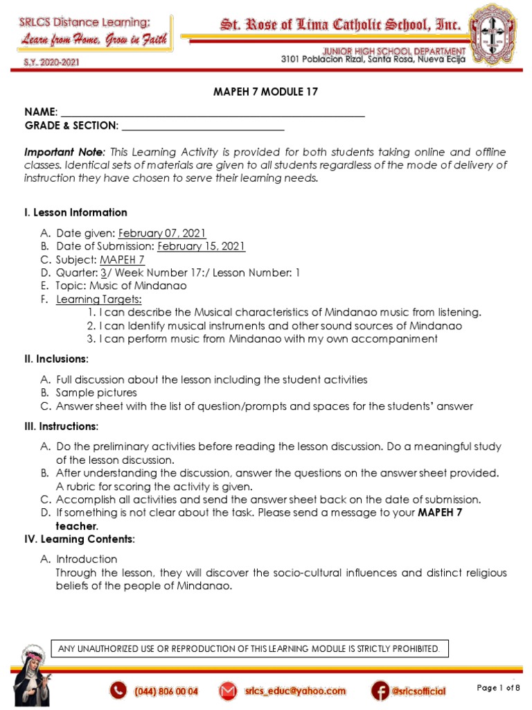 Mapeh 7 Module 17 | PDF