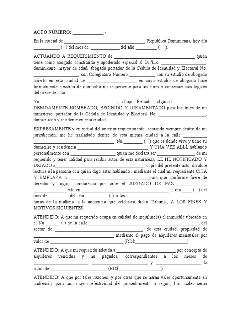 Acto Modelo Emplazamiento Desahucio | PDF | Sentencia (ley) | Gobierno