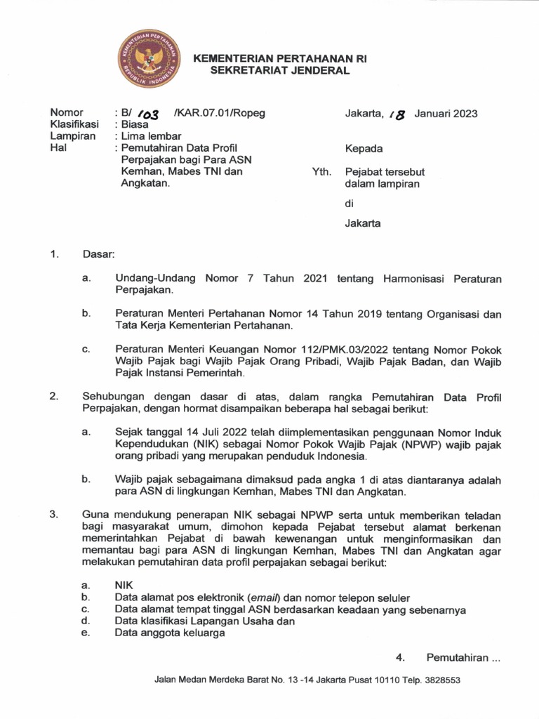 Surat Sekjen TTG Pemutahiran Data Profil Perpajakan Bagi para Asn Kemhan, Mabes Tni & Angkatan | PDF