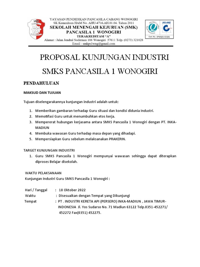 Contoh Proposal Kunjungan Industri Ke INKA | PDF | Karier & Perkembangan | Seni