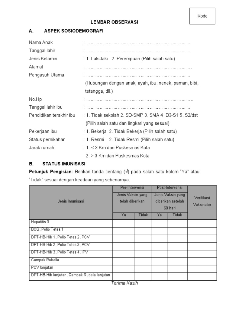 Lembar Observasi Imunisasi Anak | PDF