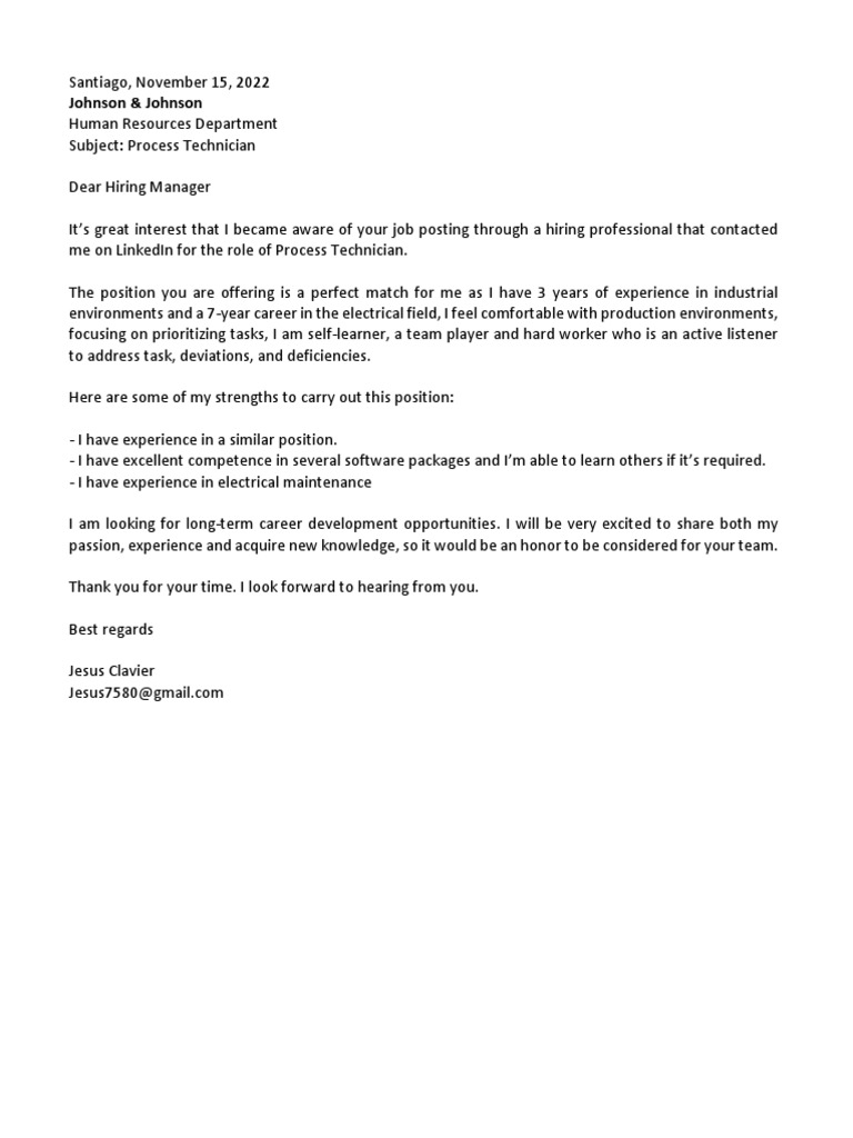 JJ Cover Letter - Process Technician | PDF