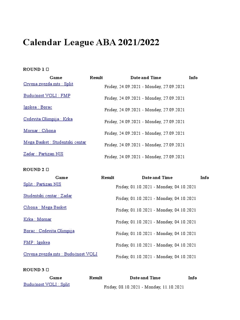 ABA Liga Za 2021-2022-Calendar | Download Free PDF | Sports Teams ...