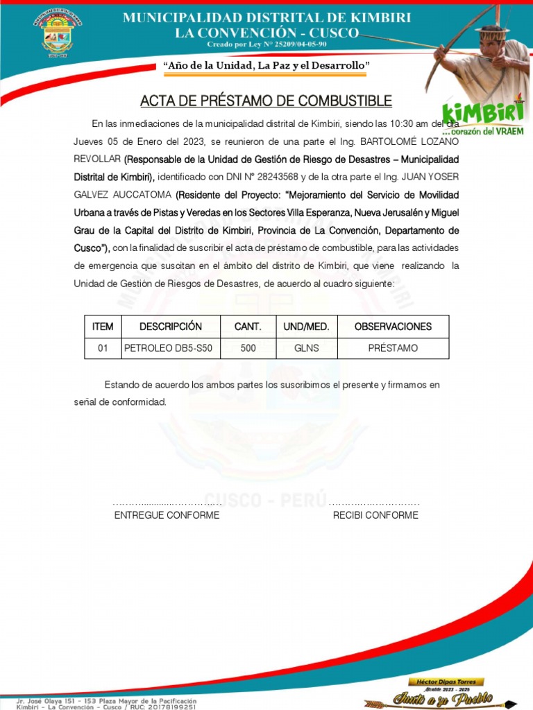 Acta de Prestamo Combustible - Obra Pistas y Veredas Ing. Yoser | PDF