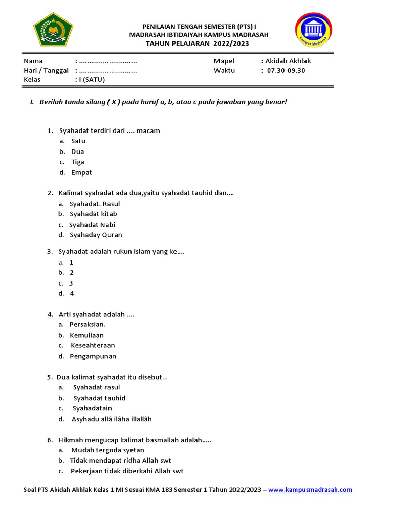 Soal Pts Akidah Akhlak Kelas 1 | PDF