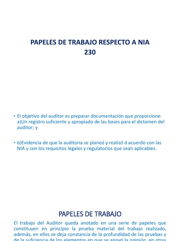 Auditoría NIA 230 papeles trabajo | PDF | Contralor | Auditoría
