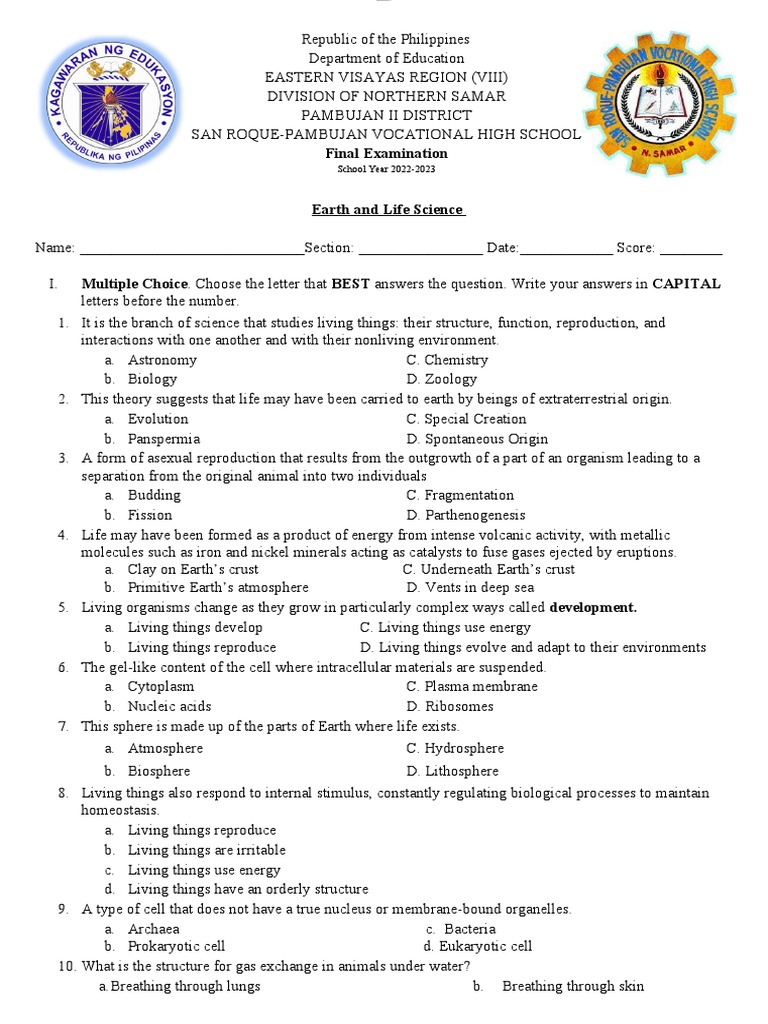 Earth and Life Science 11 Final Examination | PDF | Organisms | Cell ...