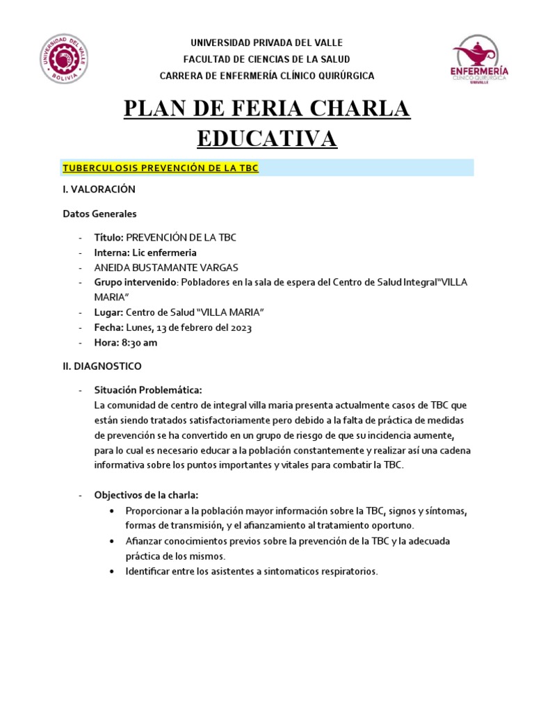 Plan de Charla Educativa TBC | PDF | Tuberculosis | Medicina CLINICA