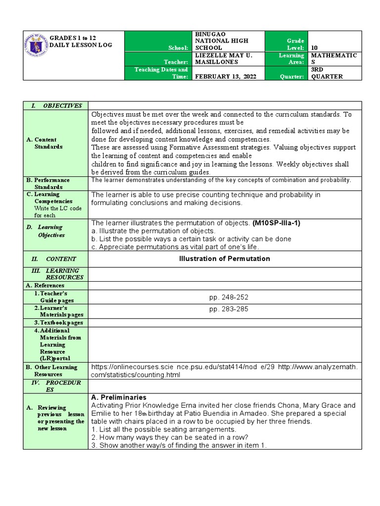 Math 10 DLL Week 1 | Download Free PDF | Learning | Permutation