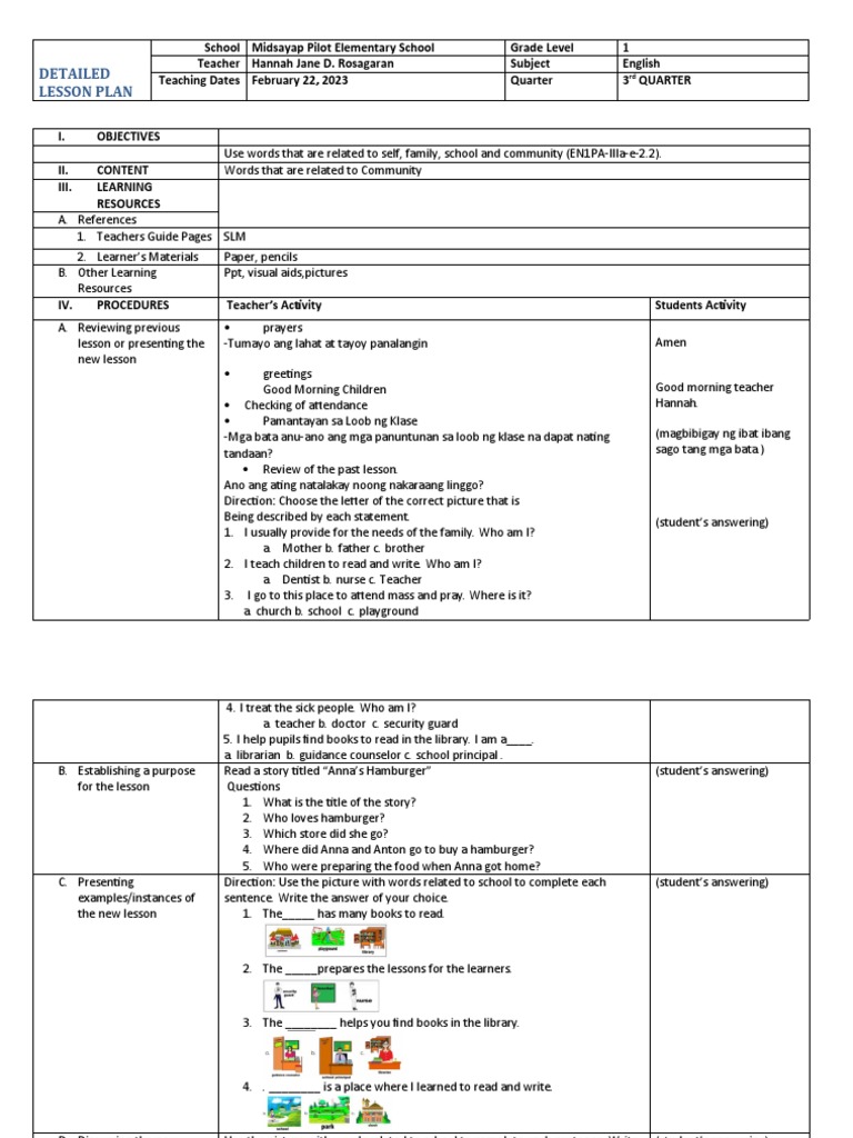 Grade 2 English Lesson Plan: Community | PDF | Teachers | Lesson Plan