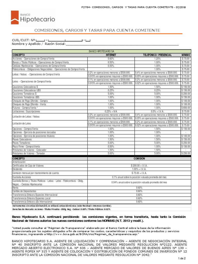 F2784 - Comisiones y Tasas para Cuenta Comitente | PDF | Corporaciones ...
