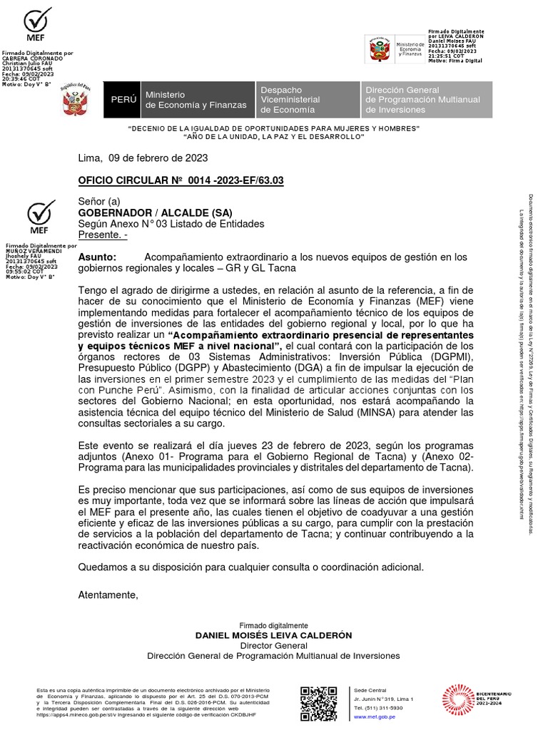 Oficio Mef GL Tacna | PDF | Presupuesto | Perú