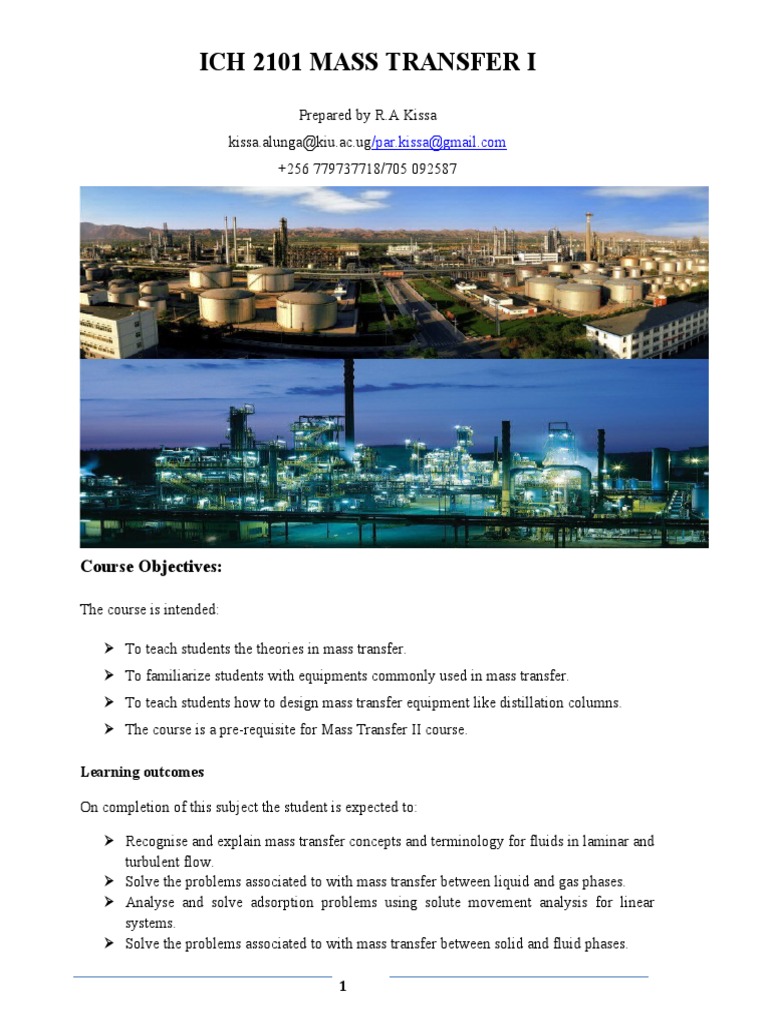ICH 2101 Mass Transfer 1 Modules | PDF | Diffusion | Phase (Matter)
