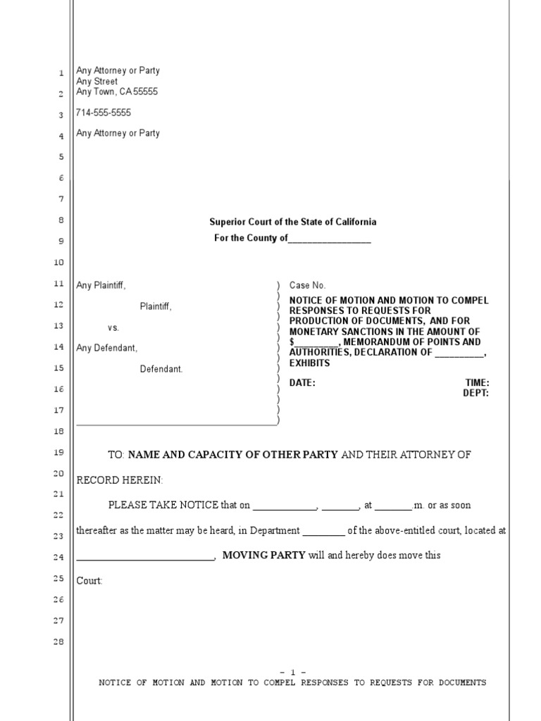 Sample Motion To Compel Responses To Requests For Production of ...