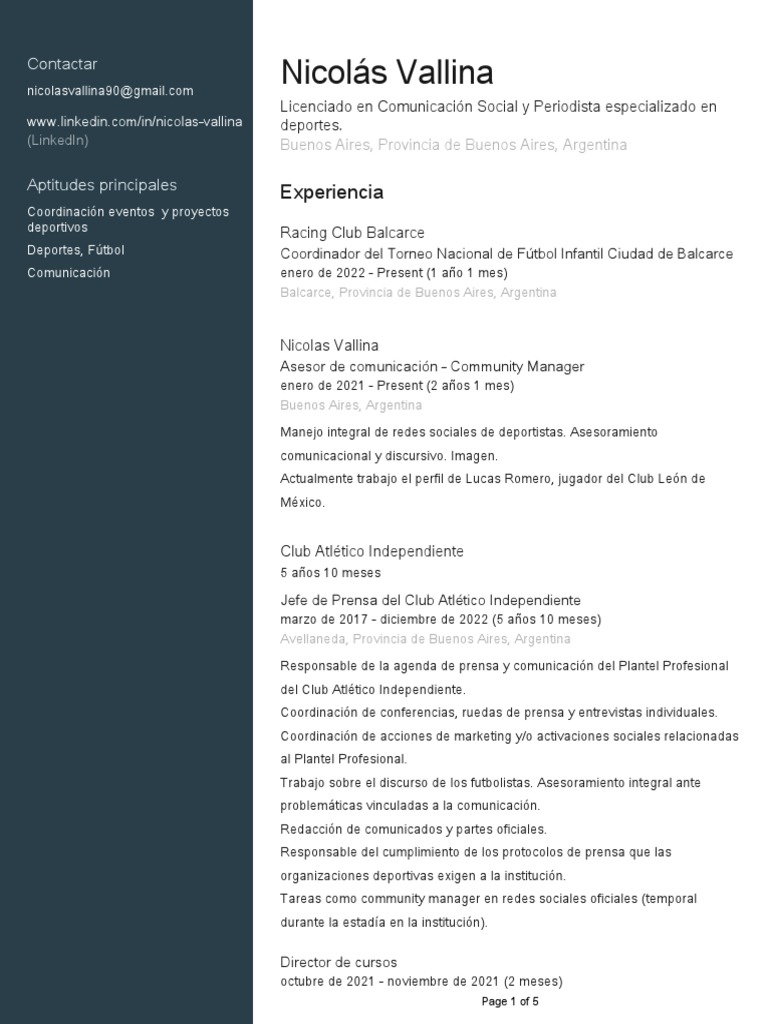 CV Nicolas Vallina 2023 | PDF | Televisión | Buenos Aires