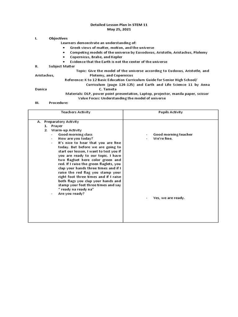 Detailed Lesson Plan in STEM 11 | PDF | Universe | Matter