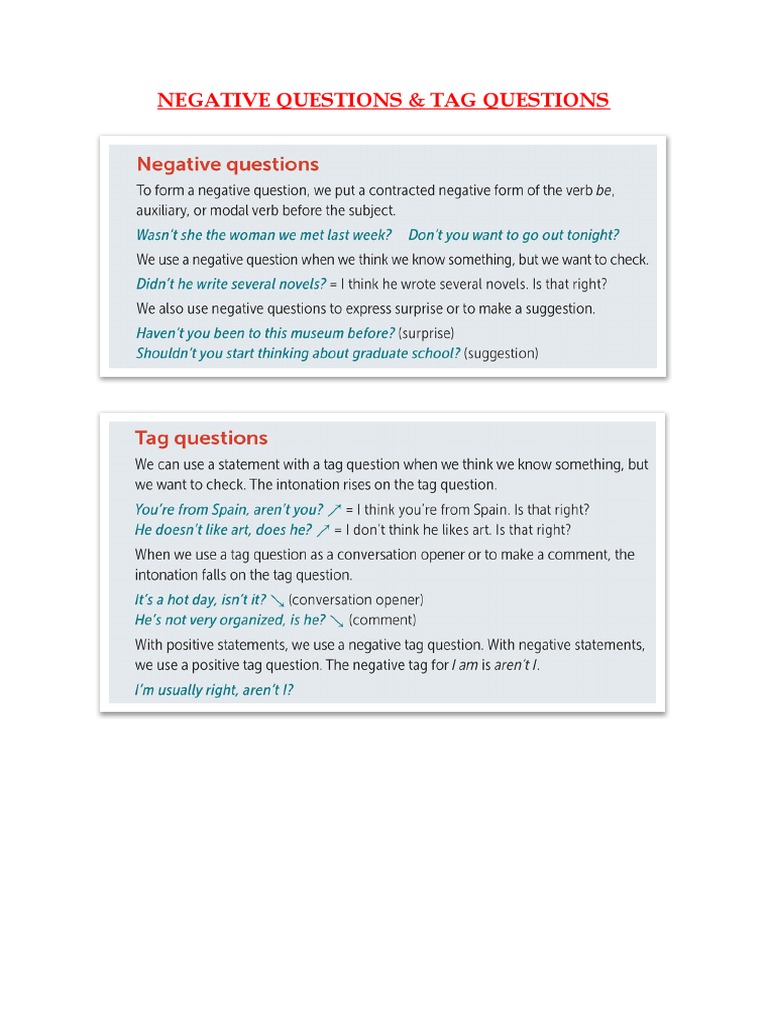 NEGATIVE QUESTONS - TAG QUESTIONS | PDF