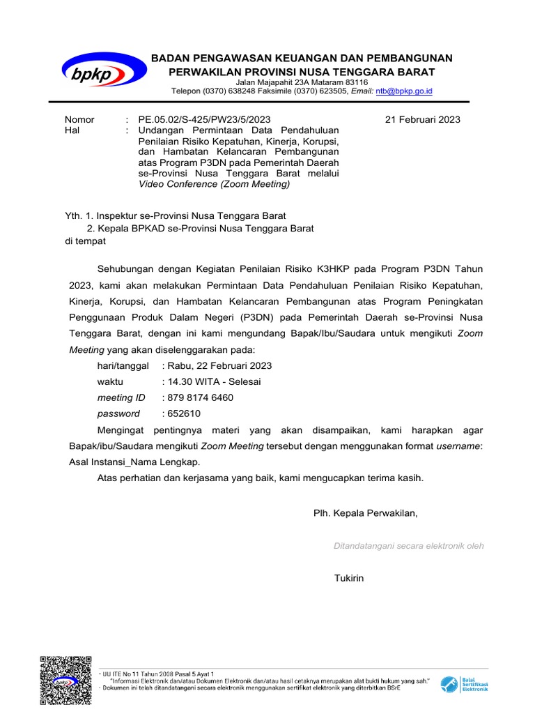 S-425 Permintaan Data Pendahuluan PR K3HKP P3DN Pada Pemda Se-NTB | PDF