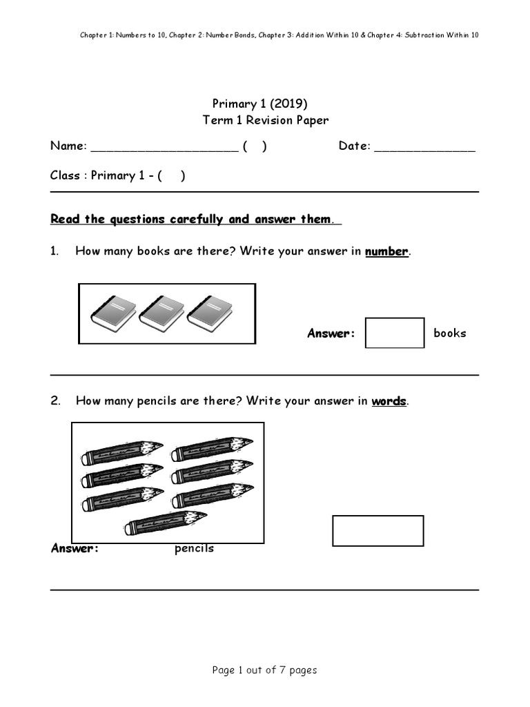 Primary 1 Term 1 Revision Paper Covering Key Topics in Numbers, Number ...