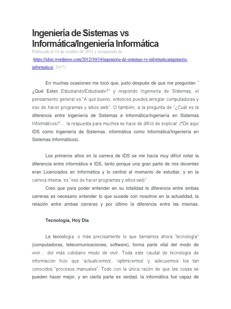 Ing. Sistemas Vs Ing. Informatica001 | PDF | Informática | Ciencias de la Computación