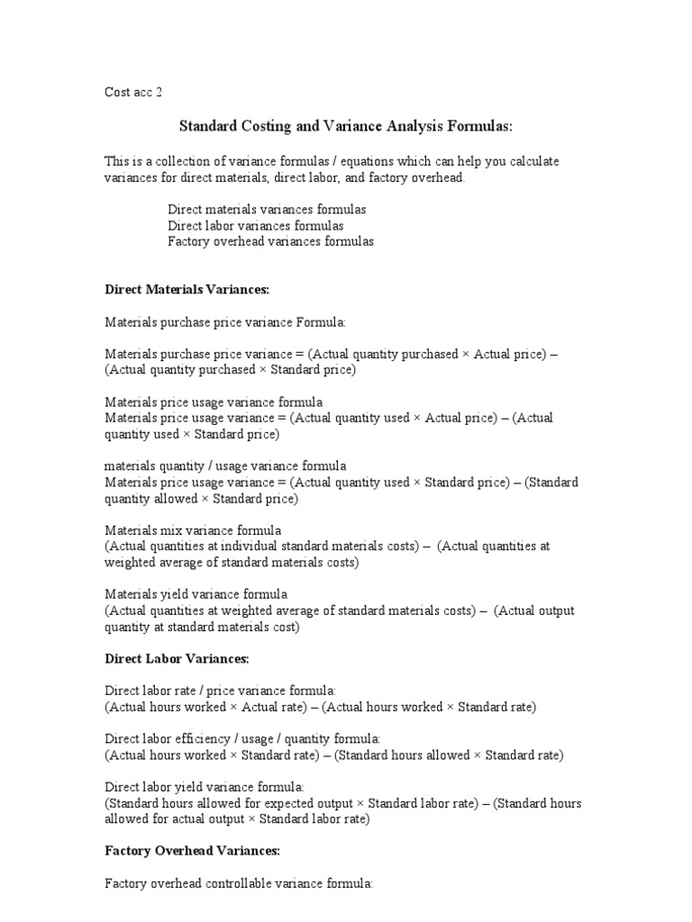 Standard Costing and Variance Analysis Formulas | Variance | Labour ...