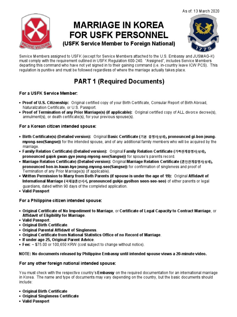 Marriage in Korea (USFK FN) 13MAR20 | PDF | Birth Certificate | Travel Visa