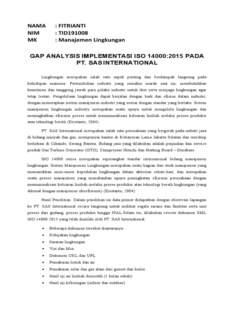 Gap Analysis ISO 14000 di PT SAS International | PDF