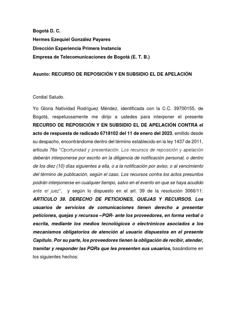 Recurso de Reposición ETB Bogotá | PDF | Apelación | Teléfono