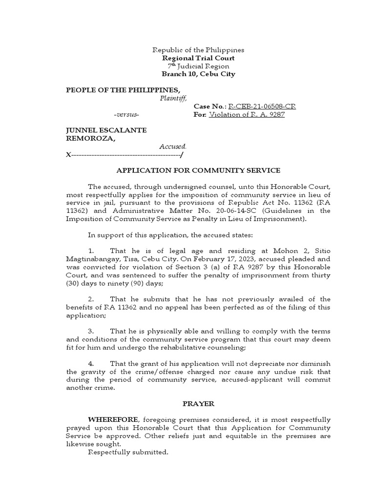 Community Service Application Under RA 11362 | PDF | Political Law ...