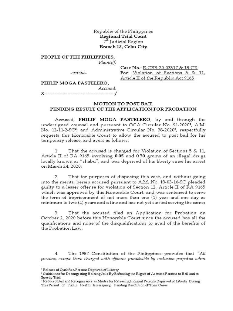 Motion To Post Bail | PDF | Bail | Probation